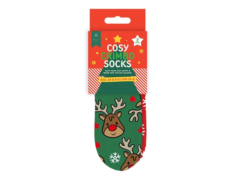 2pk Boys Christmas Novelty Reindeer Design Cosy Socks with Grippers